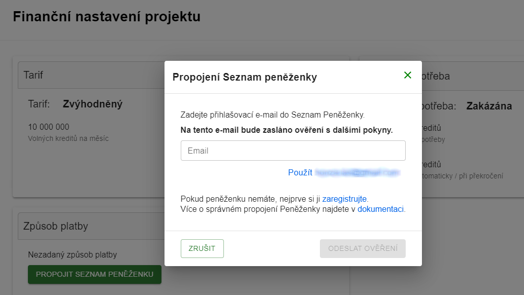 Finanční nastavení - Developer Mapy