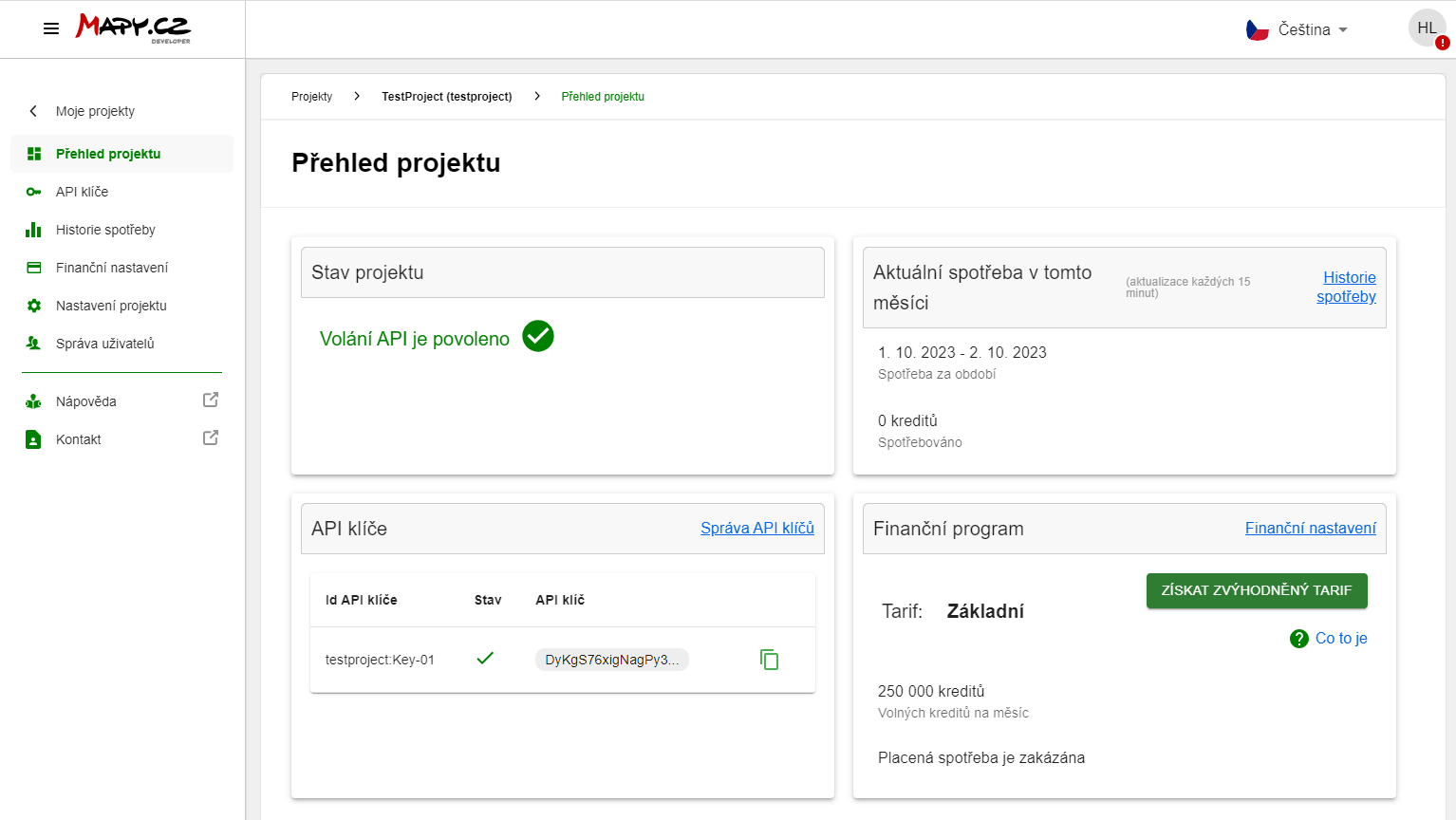 Portál Můj účet - Developer Mapy